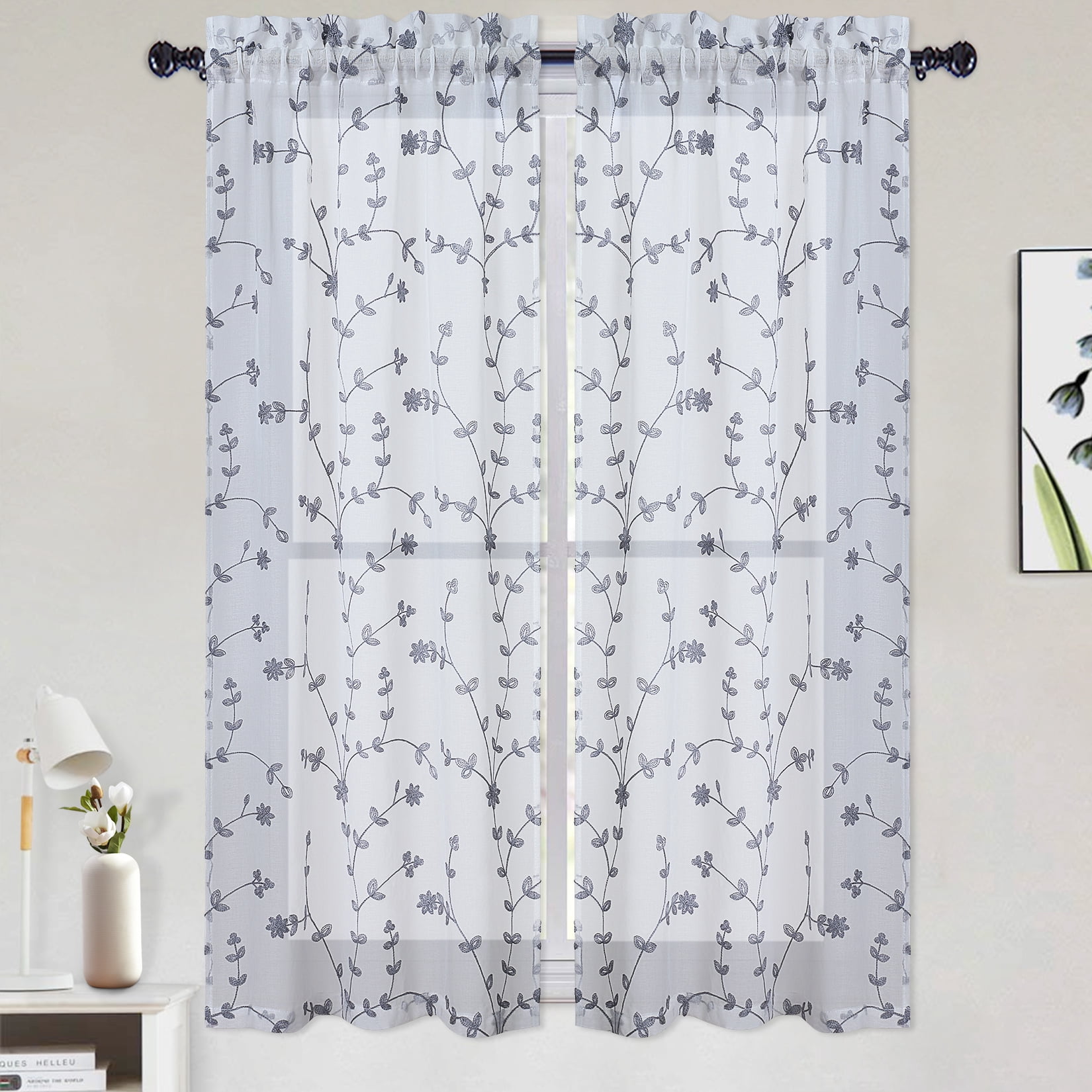 LingStar grey 26"x45"x2 Sheer Valance Curtains,Leaf Embroidered Kitchen ...