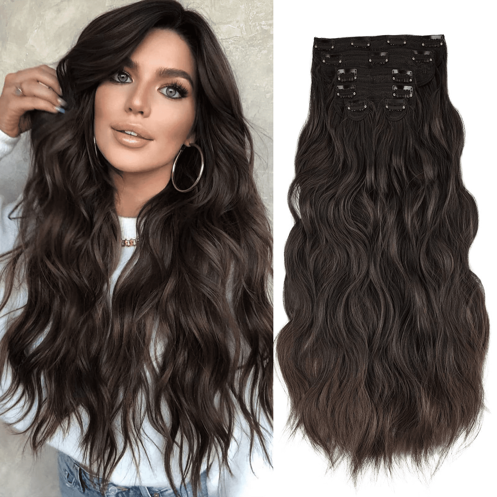 MORICA Clip in Hair Extensions for Women 20 Inch Long Wavy curly Dark ...
