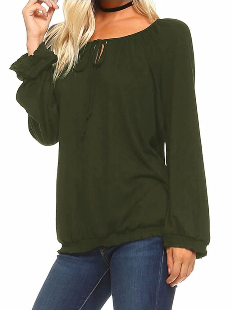 Langwyqu Long Sleeve Women Solid Color Tie-Up Ruffle Elastic Blouse ...