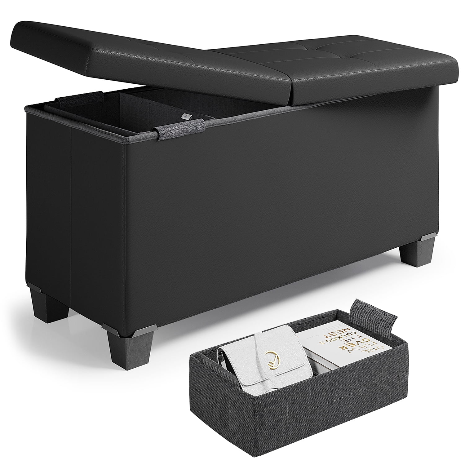 Nestl Faux Leather Ottoman Storage Bench ,30" Bench, Black - Walmart.com