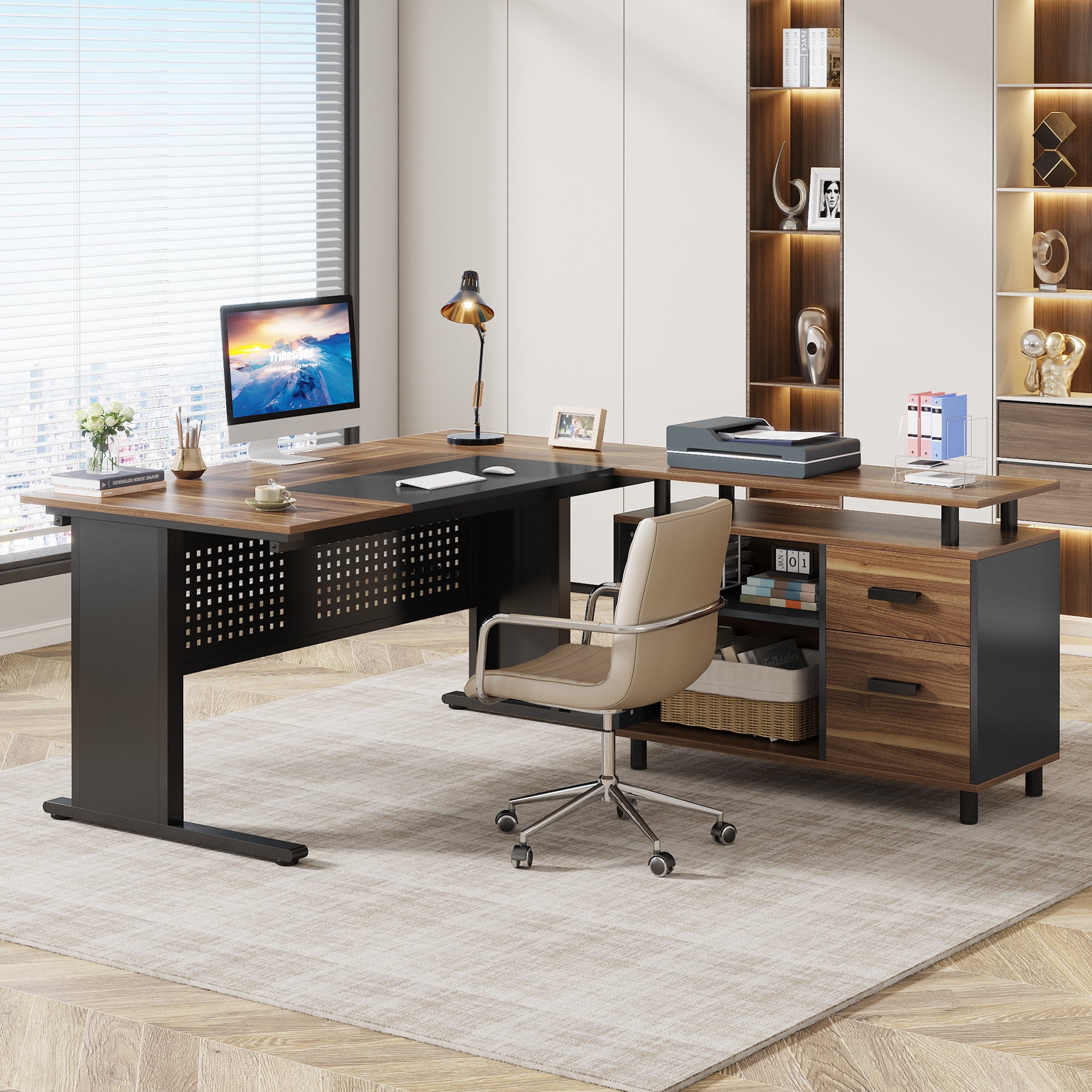 Tribesigns 63 Inch Executive Desk With File Cabinet  Large Office Desk L Shaped Computer Desk With Drawers And Storage Shelves  Brown And Black