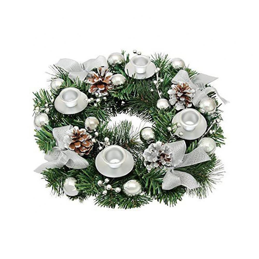 14" Christmas Advent Wreath Ring Candle Holder, Silver Ribbon and Pine ...