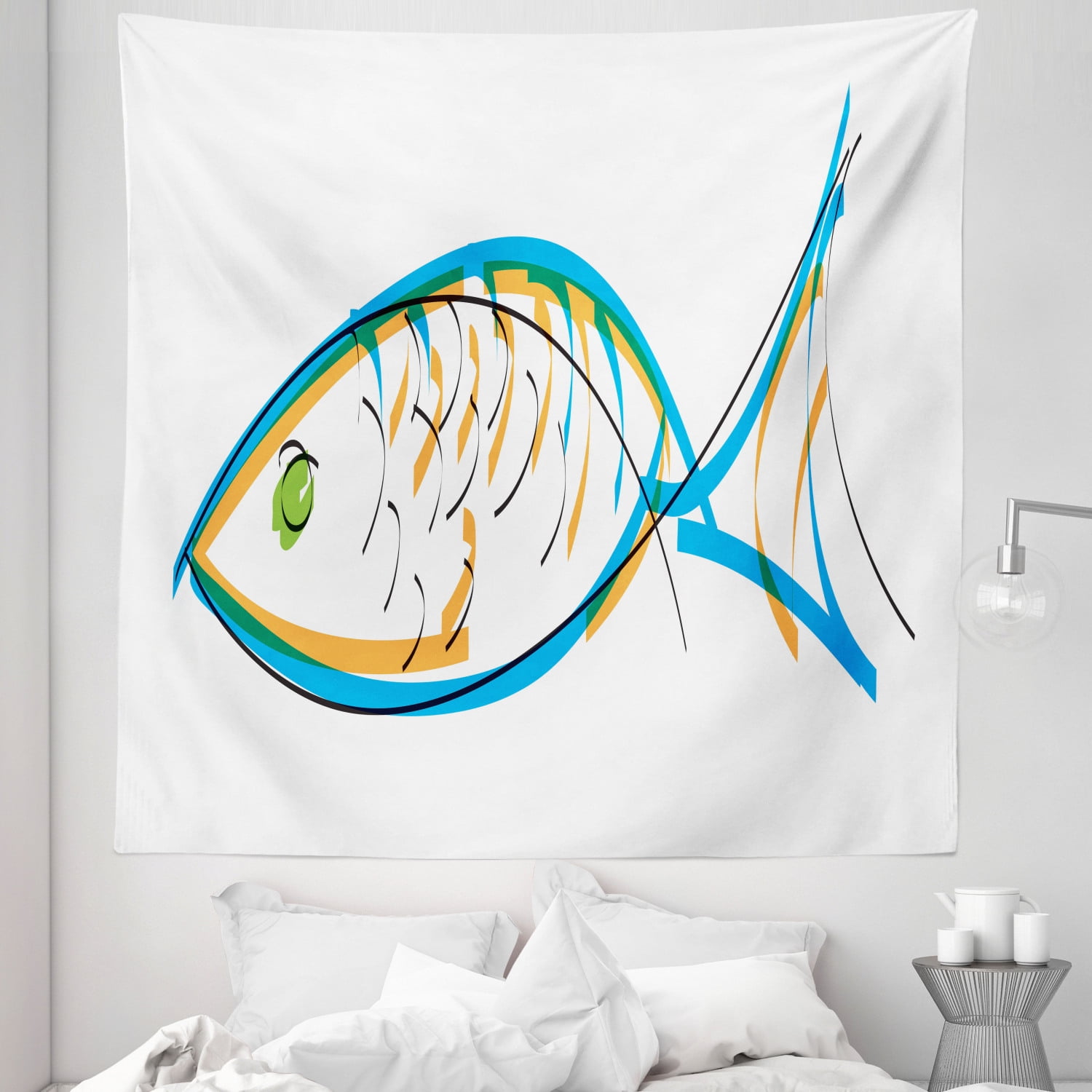 Fish Tapestry, Maritime Image Contour Drawing Aquarium Animal Vibrant ...