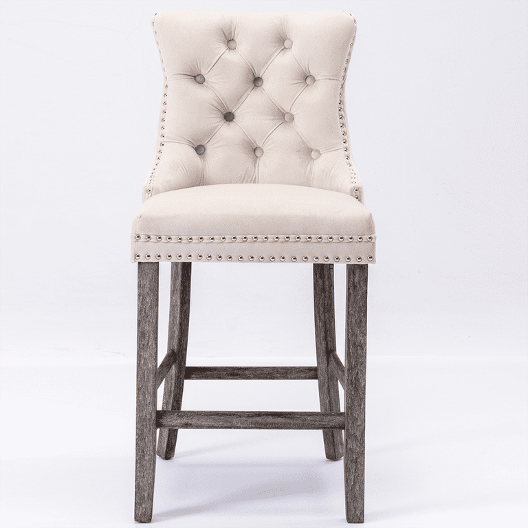 SYNGAR Bar Stool Chairs Set of 2 Beige Kitchen High Bar Chair High End Counter Height Velvet Upholstered Bar Chair with Nailhead Trim Back for Dining Room Kitchen Island Solid Wood Legs