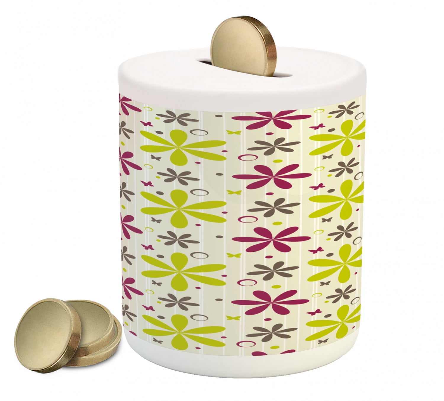 Floral Piggy Bank, Flowers Buds with Butterfly and Circle Hoops Nature ...