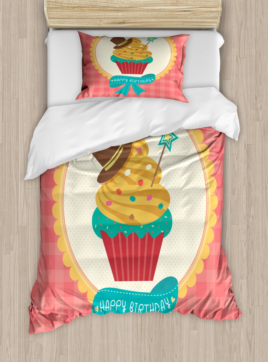 Cupcake Duvet Cover Set Twin Size, Happy Birthday Calligraphy on Yummy ...