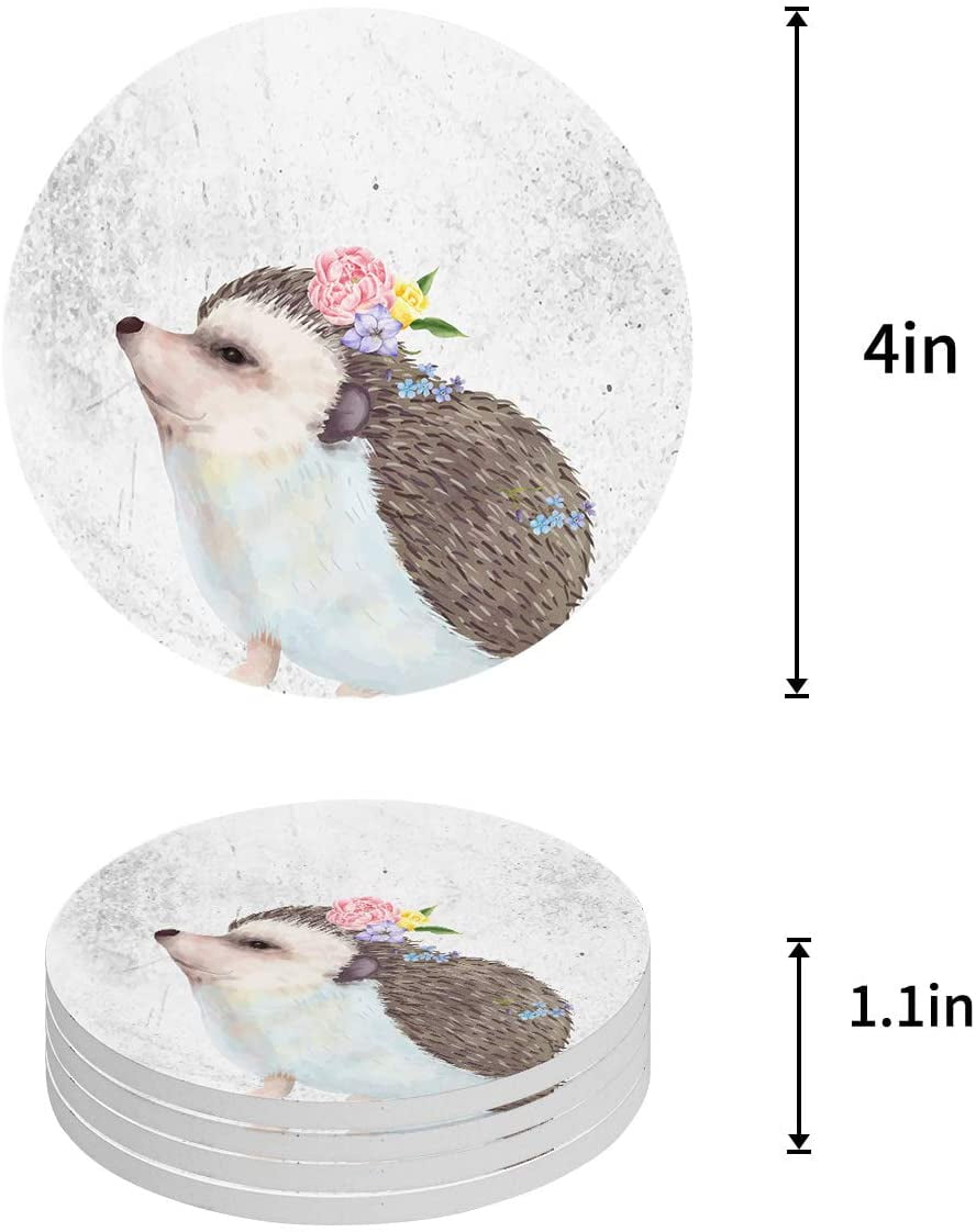 FMSHPON Hedgehog Wearing Flower Watercolor Style Set of 4 Round Coaster ...