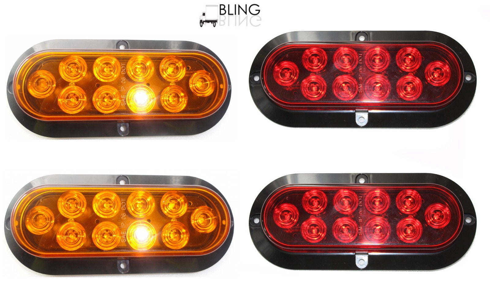 Set of 4: 2 AMBER & 2 RED Oval 6" SURFACE MOUNT LED Turn Stop Signal ...