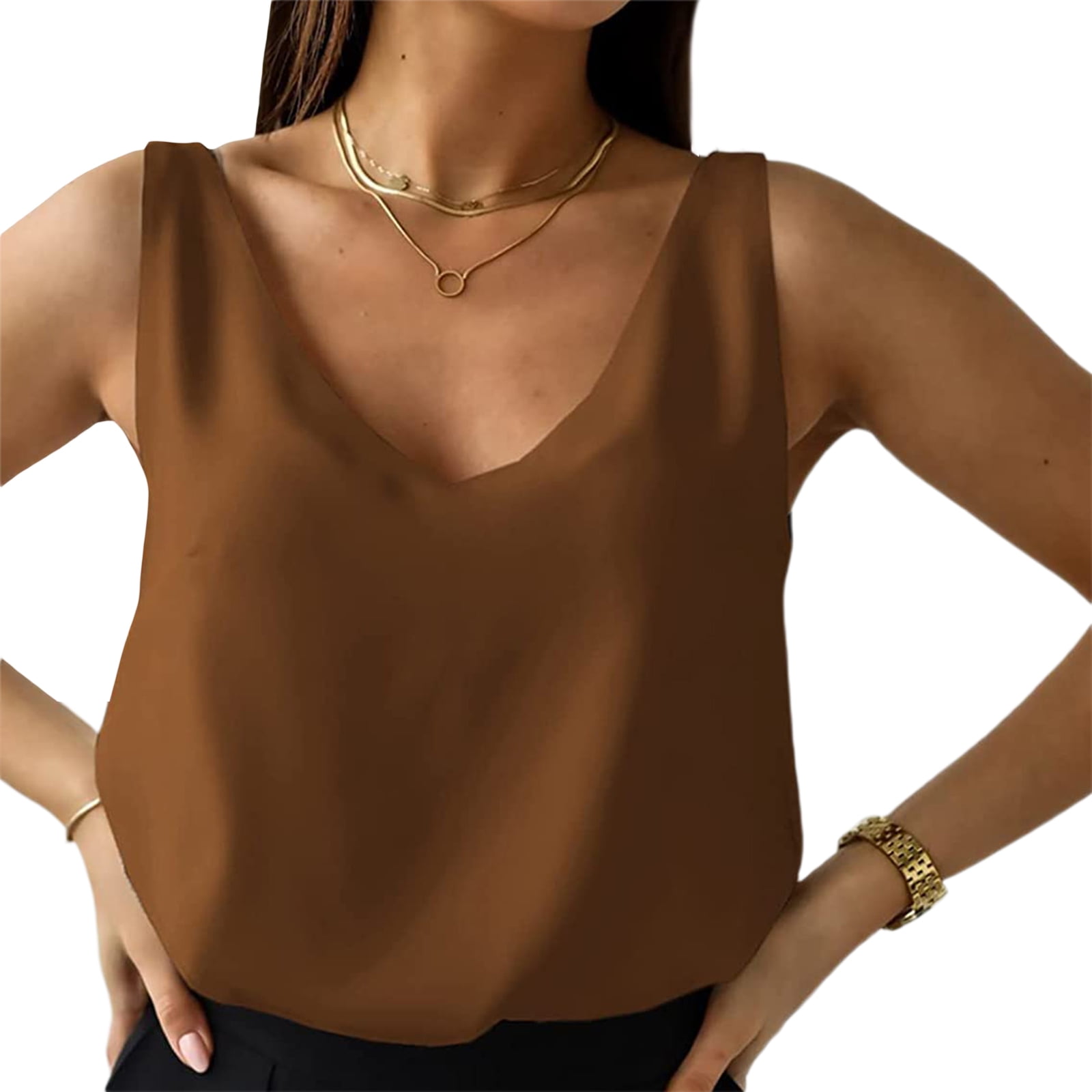 Womens Silk Satin Tank Tops Casual Sleeveless V Neck Camisole Blouses ...