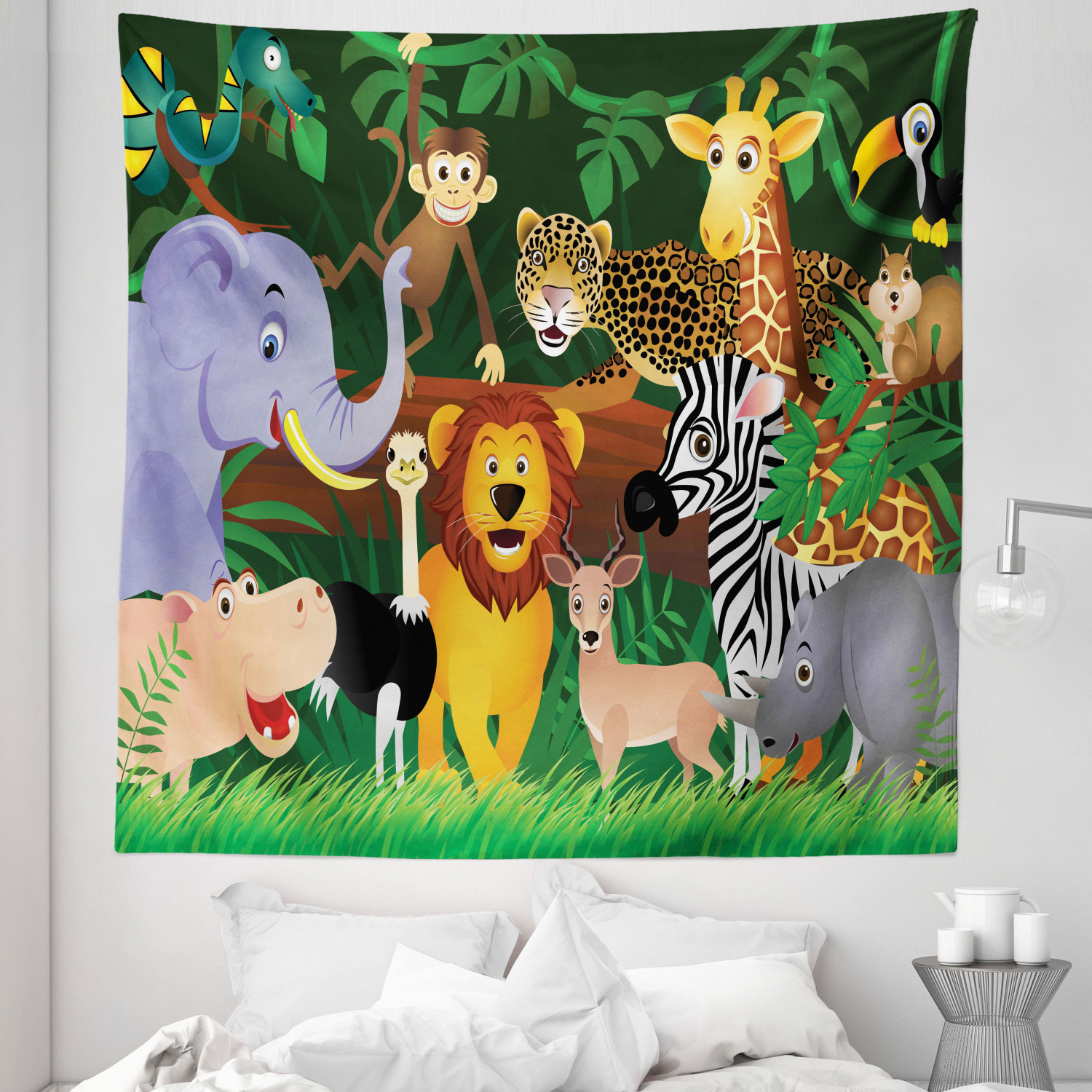 Zoo Tapestry, Animals in the Jungle Funny Expressions Exotic Comic ...