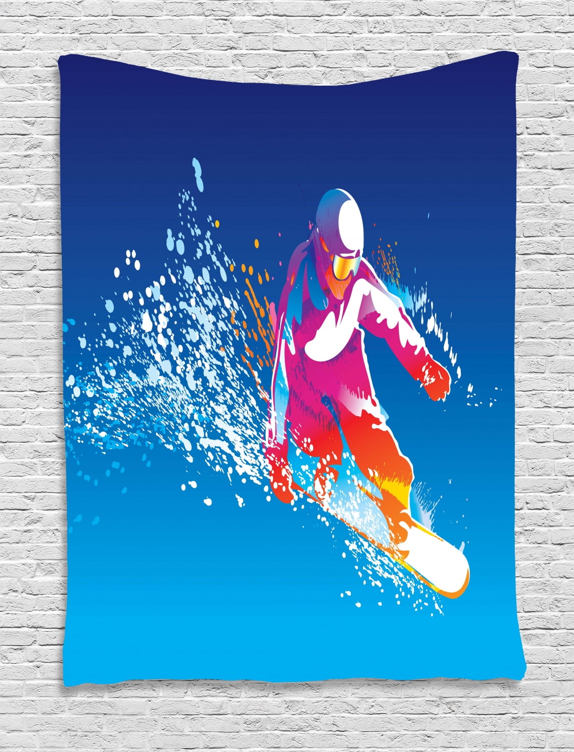 Youth Tapestry, Colorful Figure of a Young Man Snowboarding on Blue ...
