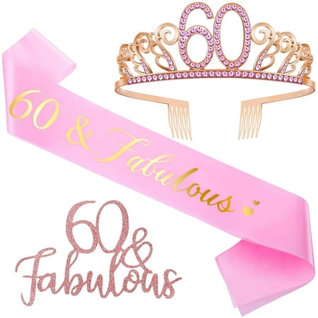 60th Birthday Crown Tiara 60 Fabulous Satin Sash Cake Topper Rose Gold Decoration Kit Birthday ...