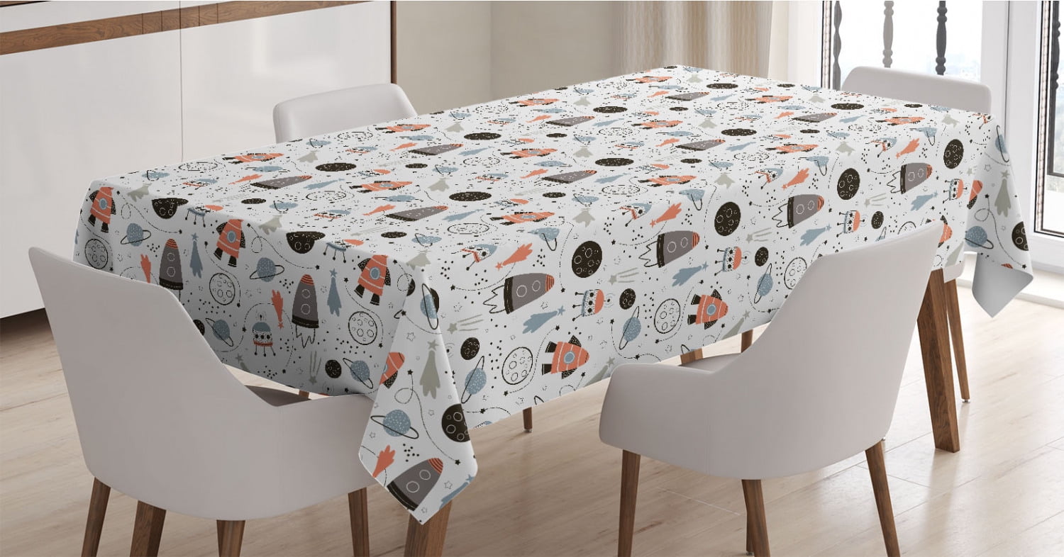 Cartoon Tablecloth, Hand Drawn Outer Space UFO and Spaceship Exploring ...