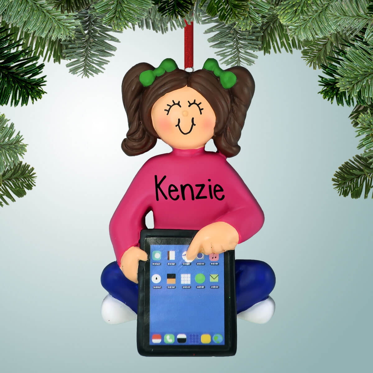 Personalized Sitting Girl with Tablet - Brown Christmas Ornament - Kid ...