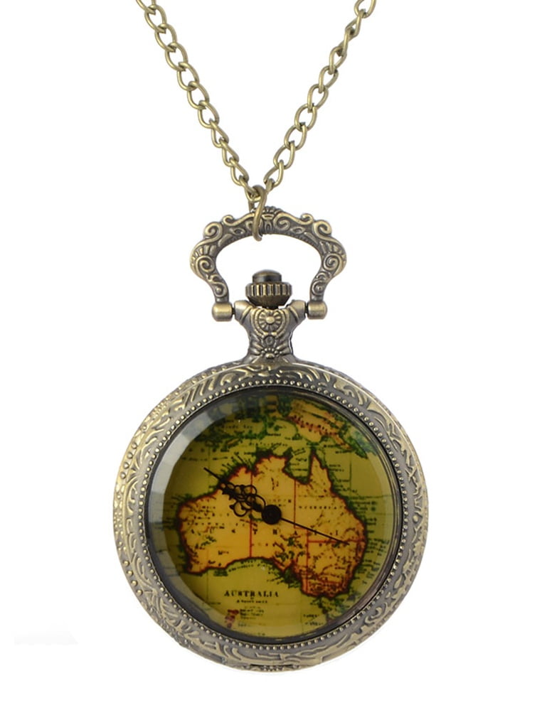 Old World Style Map Pocket Watch Copper Color Anti-Tarnish Open Face ...