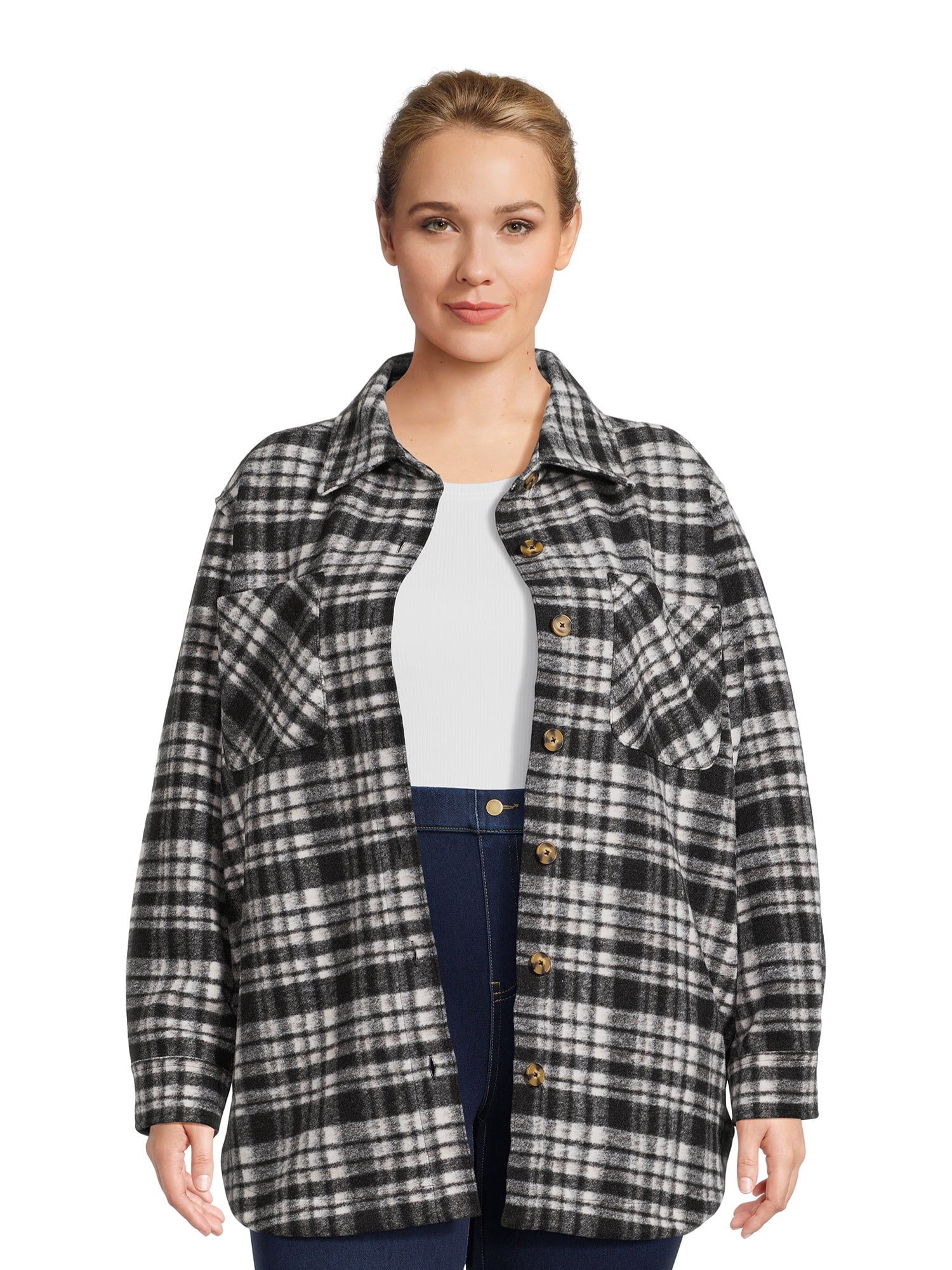 Terra & Sky Women's Plus Size Plaid Button Down Shacket - Walmart.com