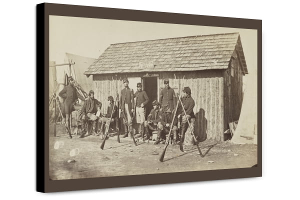 Canvas Print: Soldiers Outside A Log Cabin Winter Quarters, Identified ...