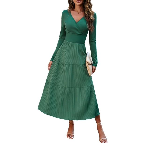 Sylvamorning Women Cocktail Midi Dress Long Sleeve V-Neck High Waist ...