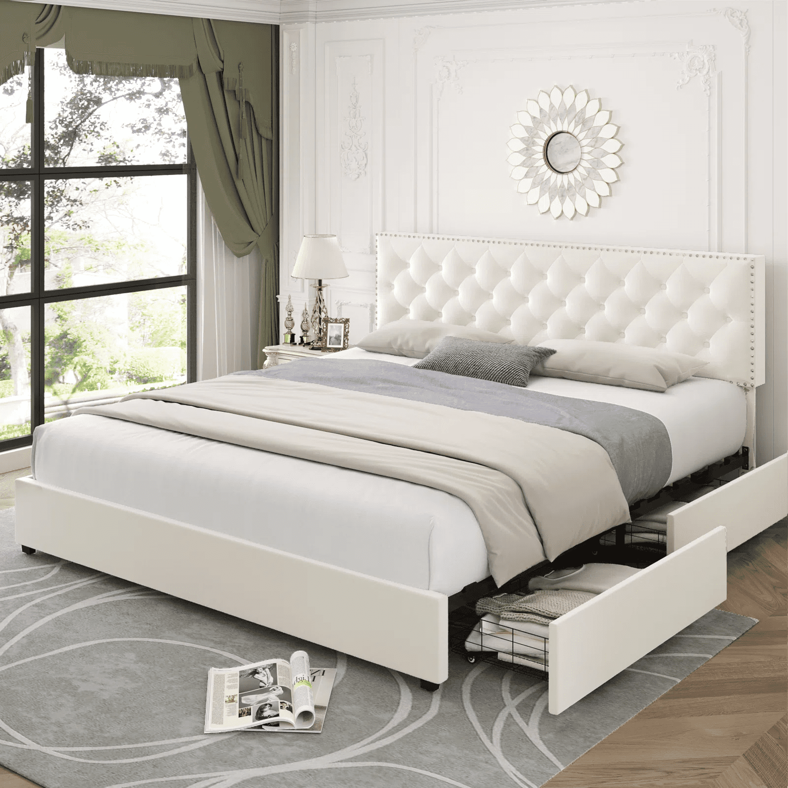 Homfa King Size Storage Bed with 4 Drawers, Button Tufted Upholstered ...