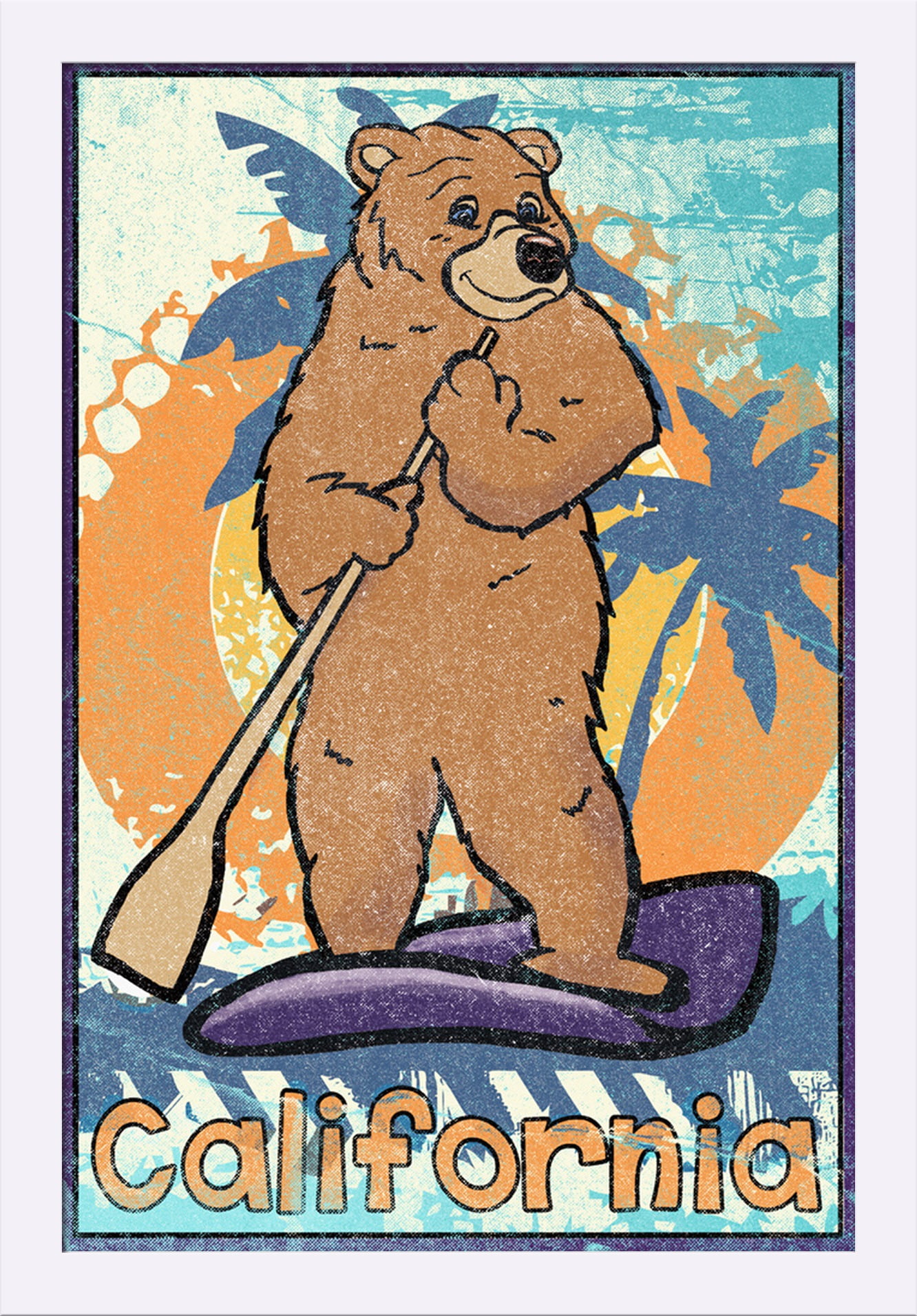 California - Cartoon Bear on Paddle Board - Lantern Press Artwork ...