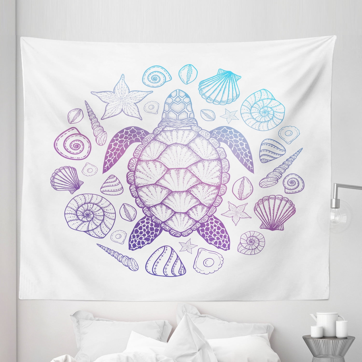 Turtle Tapestry, Colorful Marine Fauna with Ombre Effect Hand Drawn ...