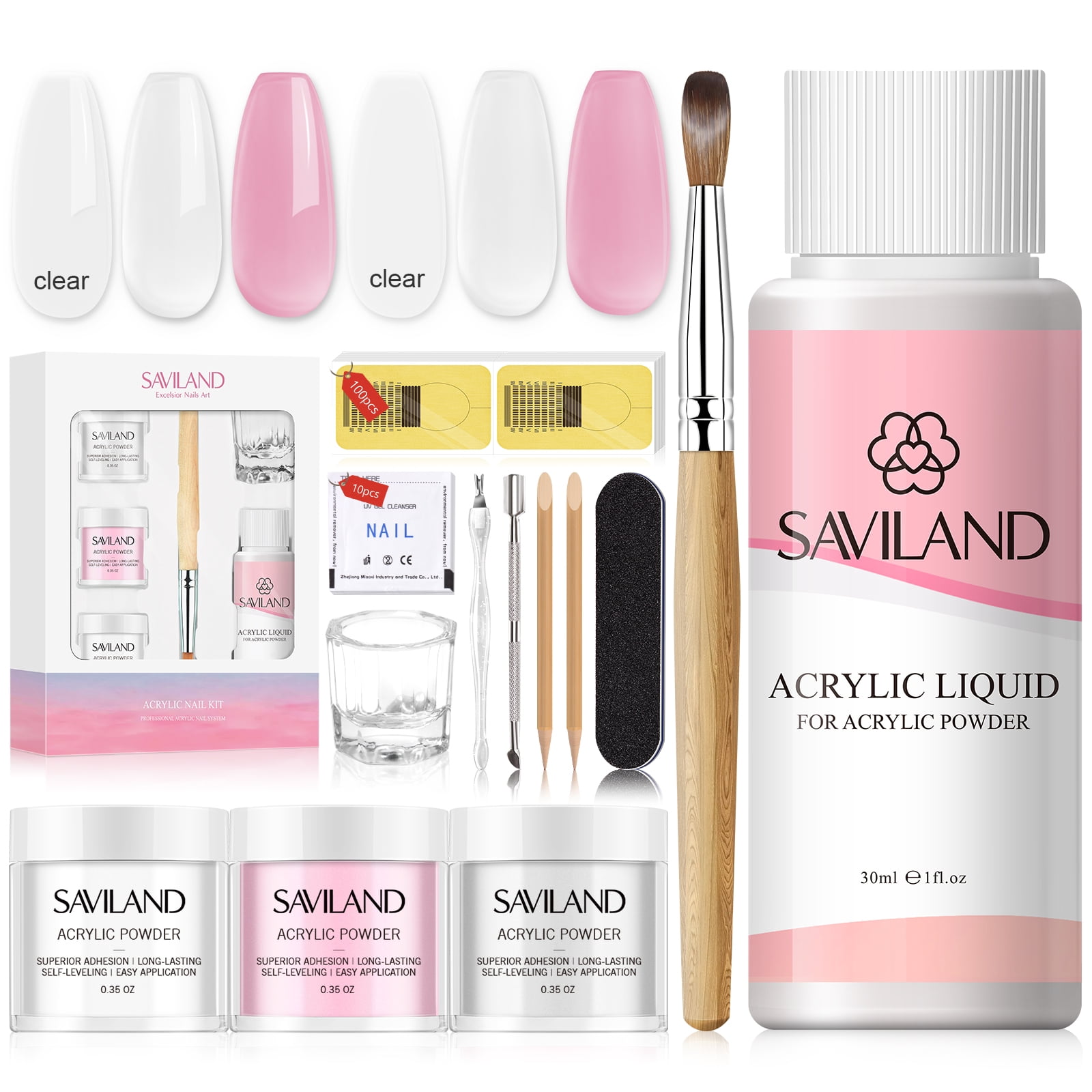 Saviland Acrylic Nail Kit 3 Colors Clear Pink White Acrylic Powder