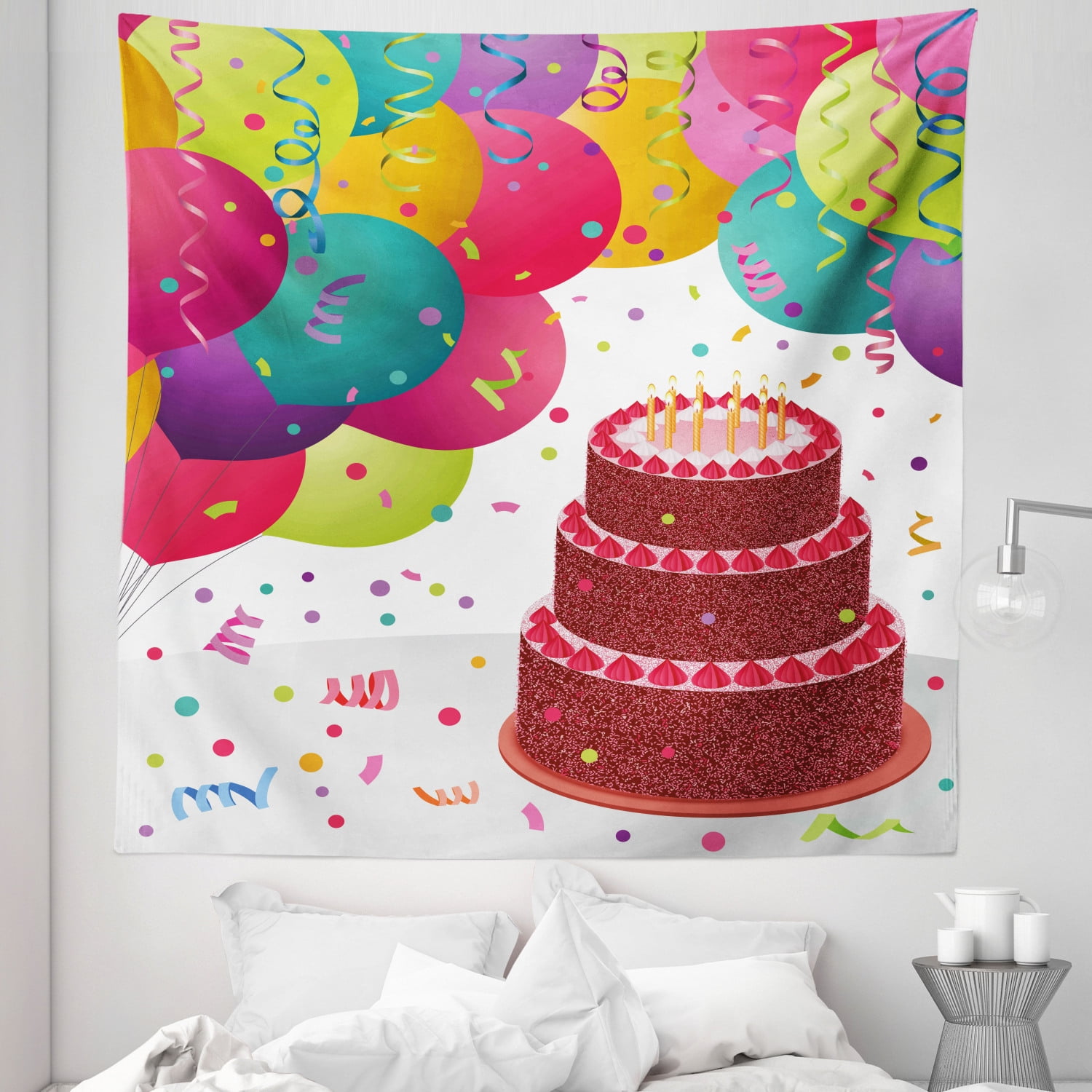 Fun Tapestry, Strawberry Triplex Cake with Candles Ribbons Balloons ...