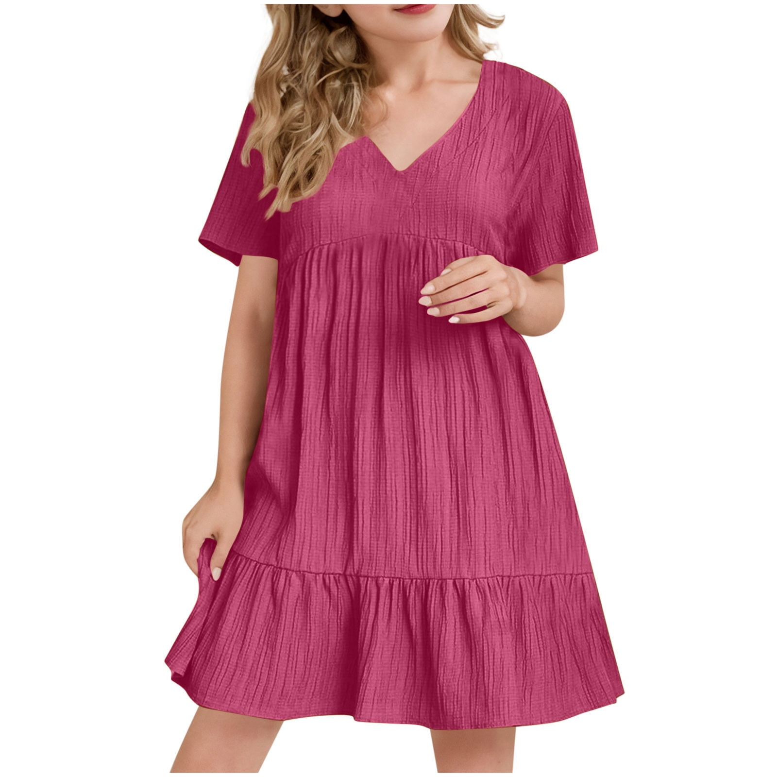 Yanlir Girlssummer Solid Color Short Sleeve Crew Neck Elastic Waistband Dress With Pockets Casual Comfortable Cotton Blend Dress For Kids(Hot Pink 14