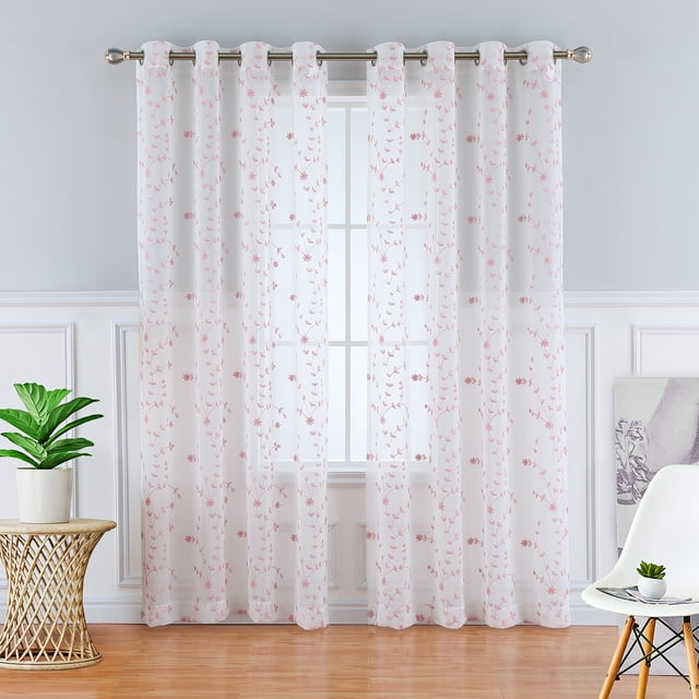 CAROMIO Sheer Curtains Pink, Leaf Embroidered Grommet Voile Drapes for ...