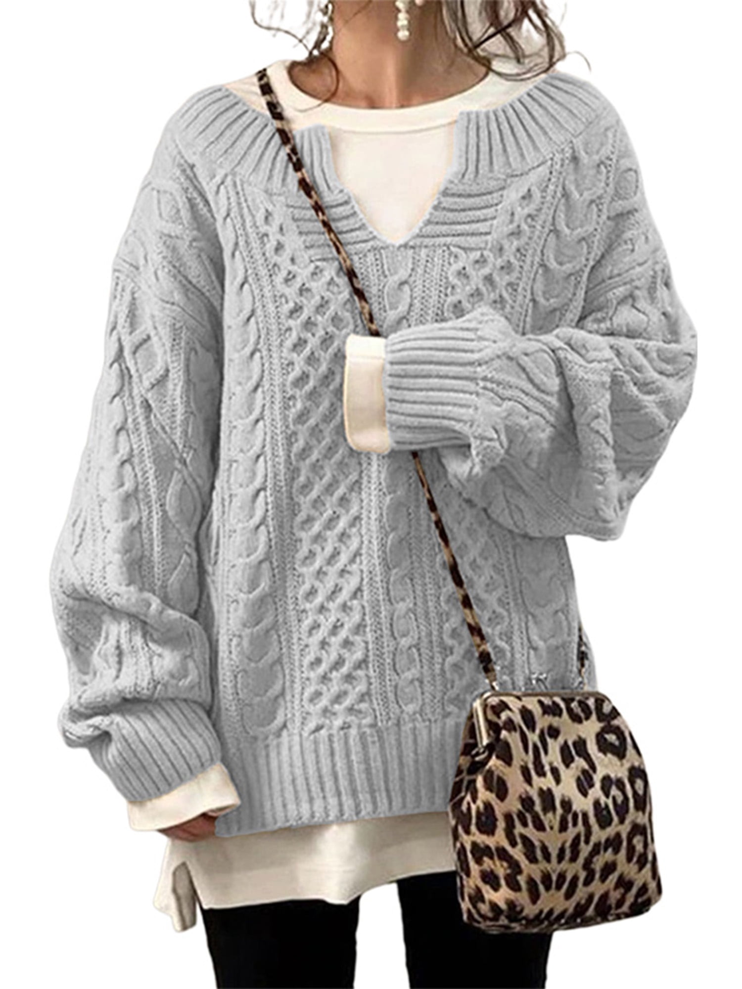 Frontwalk Womens V Neck Sweaters Long Sleeve Cable Knit Pullover Jumper ...