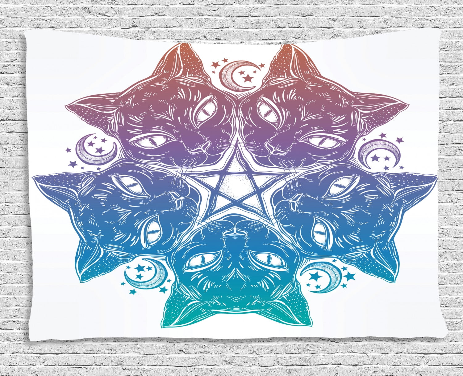 Pentacle Tapestry, Heads of Black Cats Forming a Mandala Design with ...