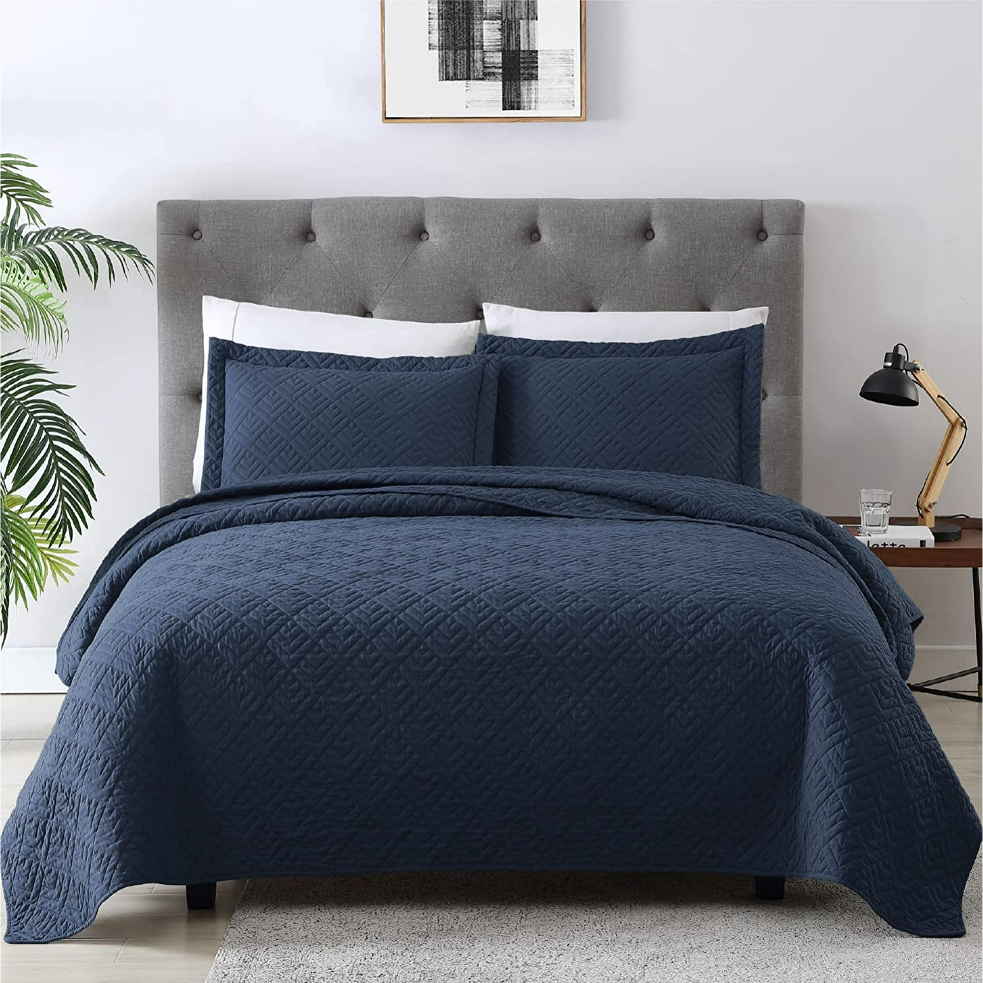 Exq Home Quilt Set Full Queen Size Navy 3 Piece lightweight Soft Coverlet Modern Style Squares Pattern Bedspread Set(1 Quilt 2 Pillow Shams)