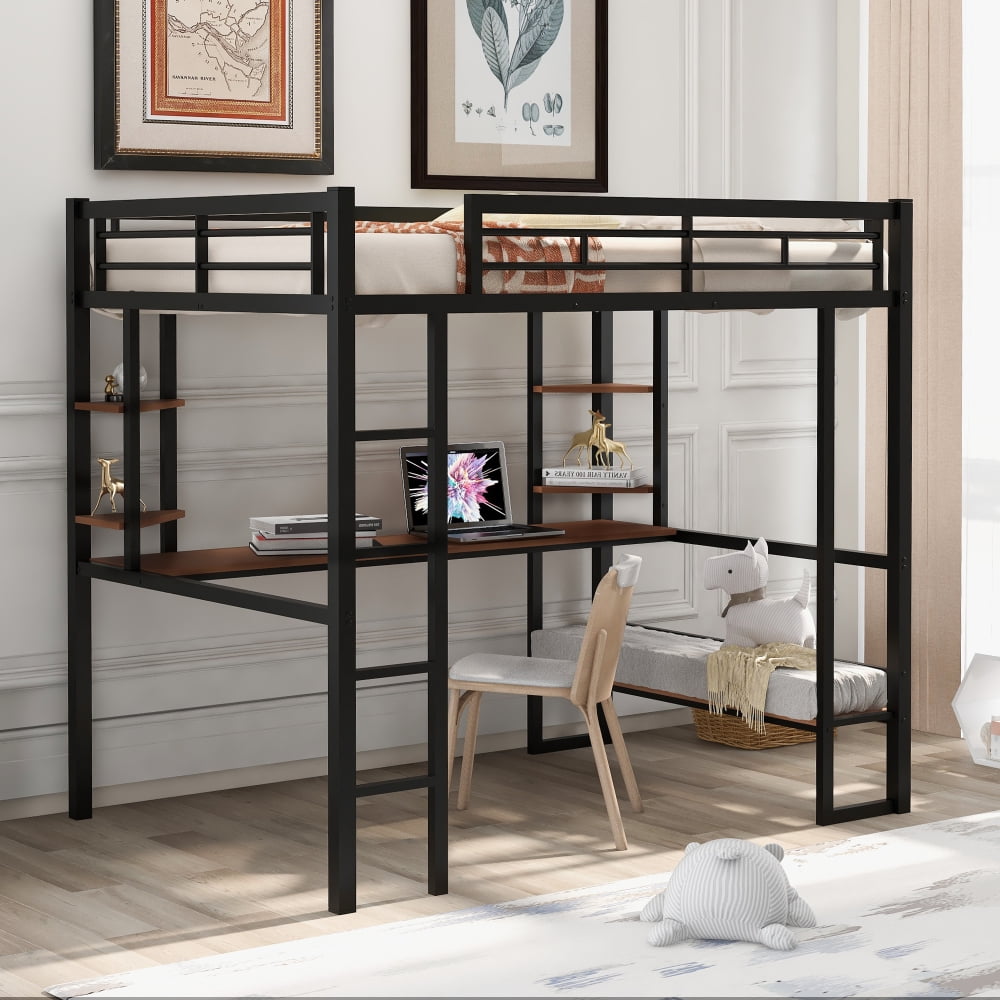 Hassch Full Size Loft Metal&Mdf Bed With Long Desk And Shelves,Black ...