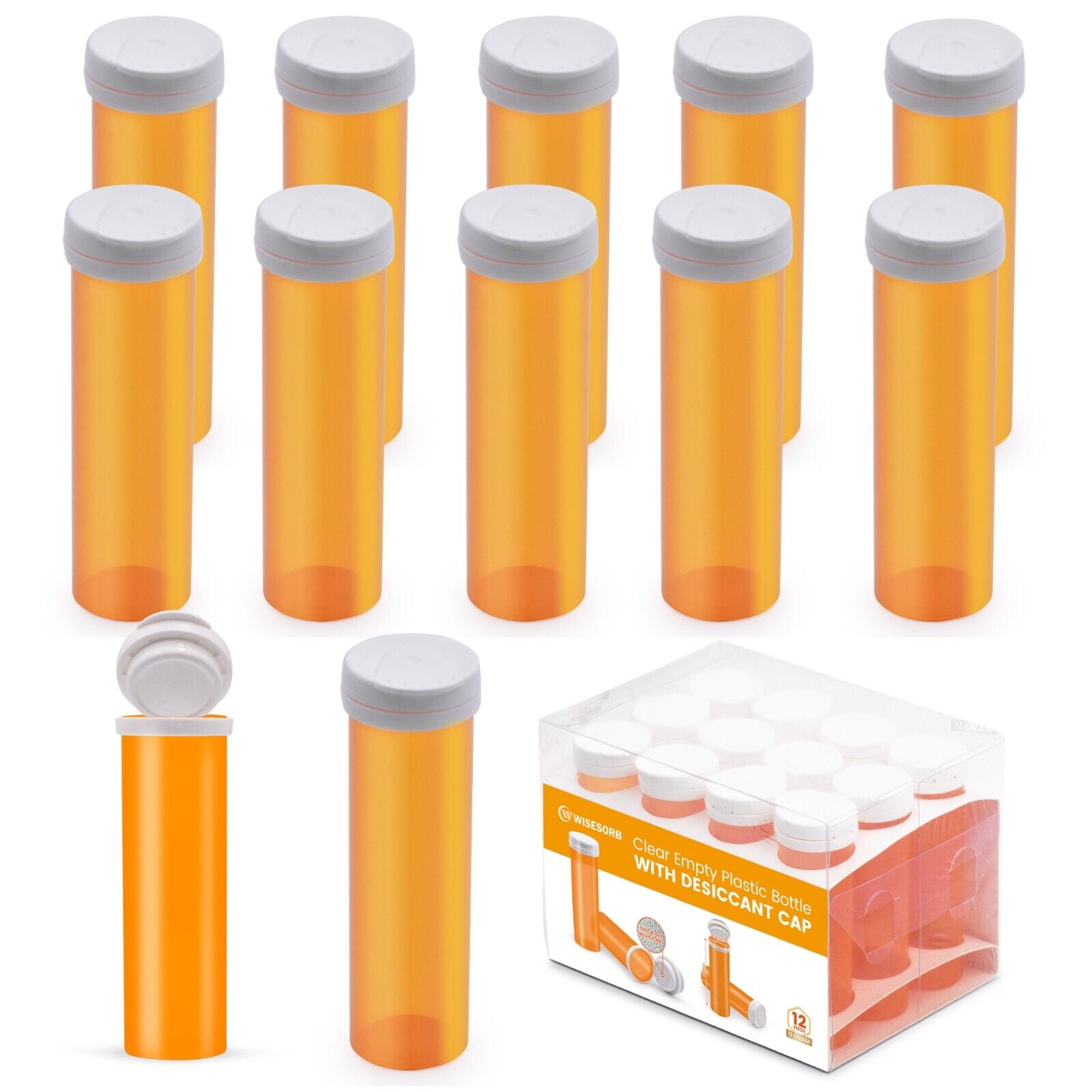WiseSorb 12 Packs of 11 Dram Pill Bottles Empty with Caps & Desiccants ...