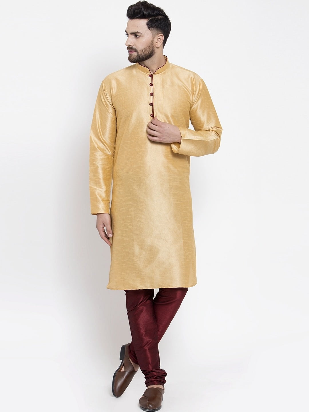 eloria Men's Indian Traditional Silk Blend Solid Gold-Toned Kurta With ...