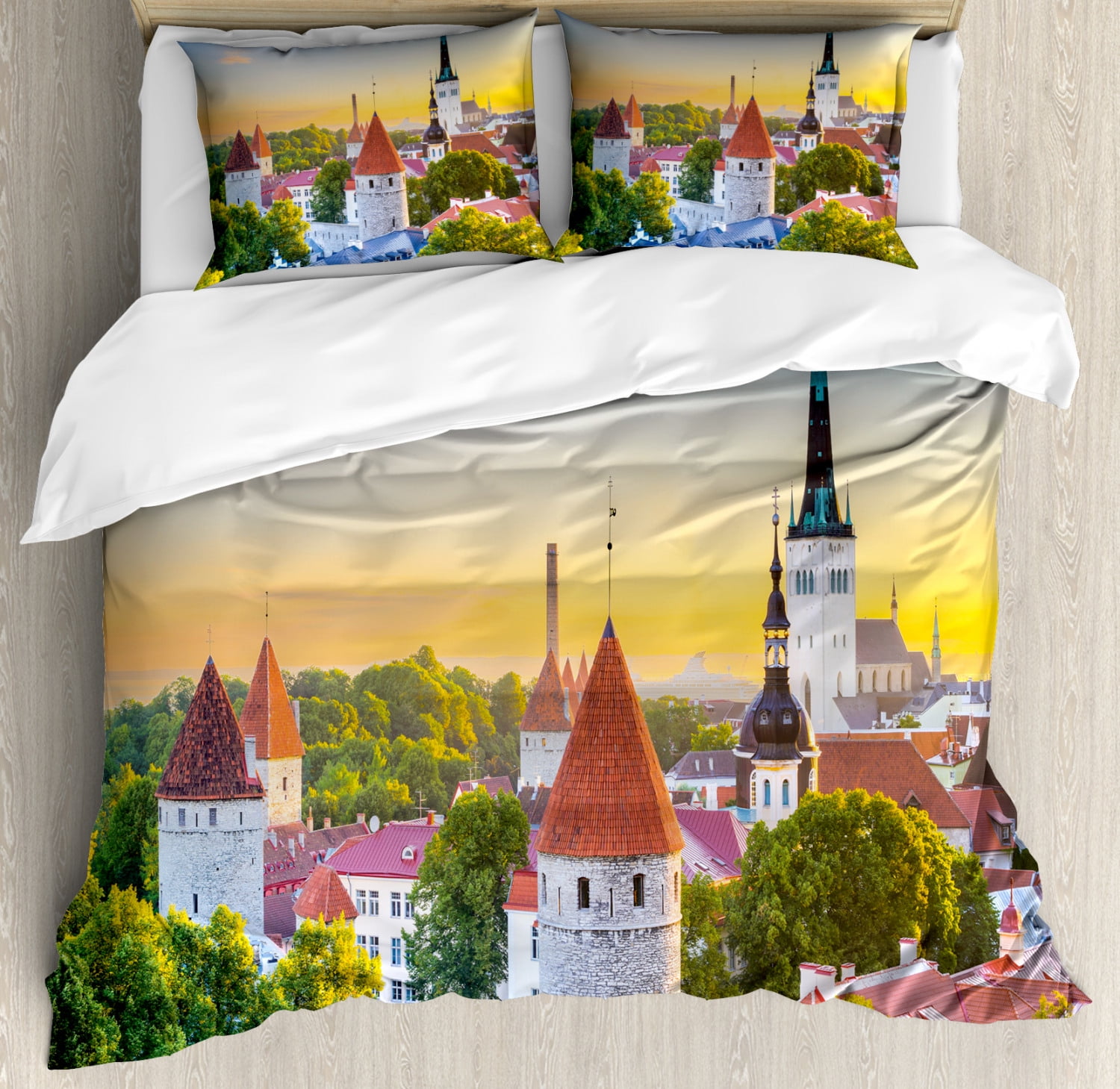 Travel Duvet Cover Set Queen Size, Old European Town with Houses and ...
