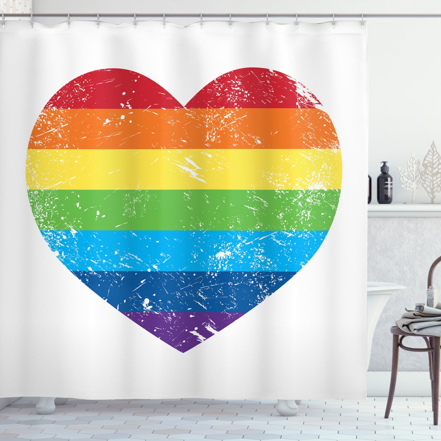 Vintage Rainbow Shower Curtain Heart Shape With Lgbt Flag Design Gay