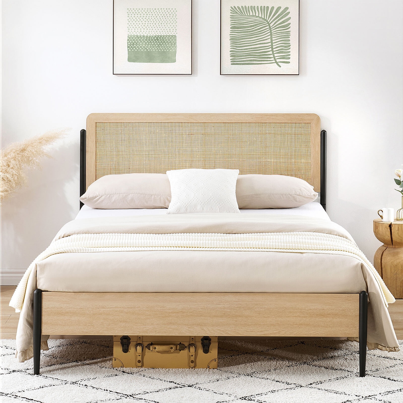 HOSSLLY Full Size Metal Bed Frame with Rattan Headboard, White Oak ...