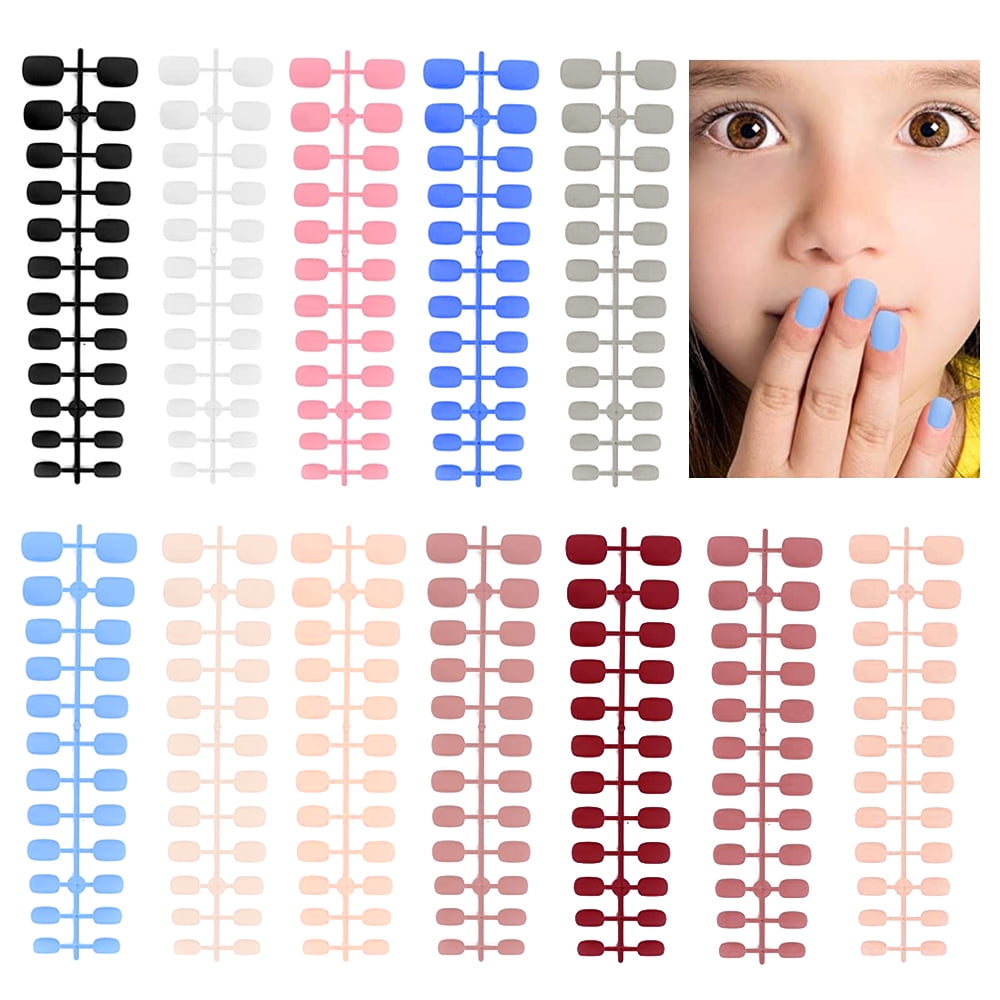 12 sets Kids Short Matte fake Nails,12 Colors Short Square Full Cover ...