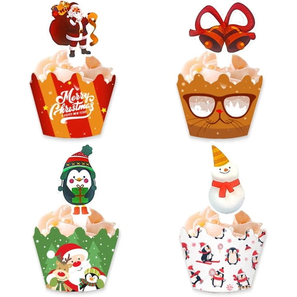 48 Pieces Christmas Cupcake Toppers Wrappers, Snowman Santa Claus ...