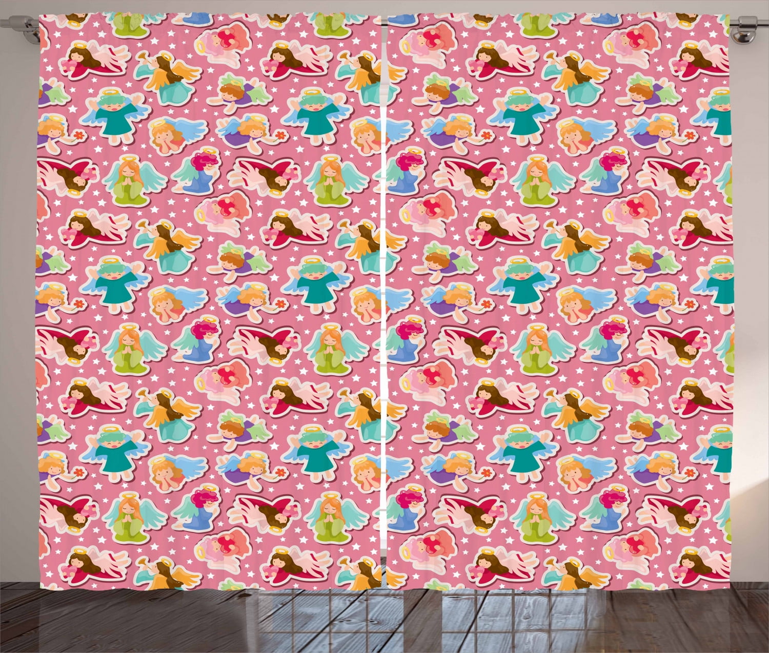 Angel Curtains 2 Panels Set, Magical Angels with Wings Tinsel Easter ...