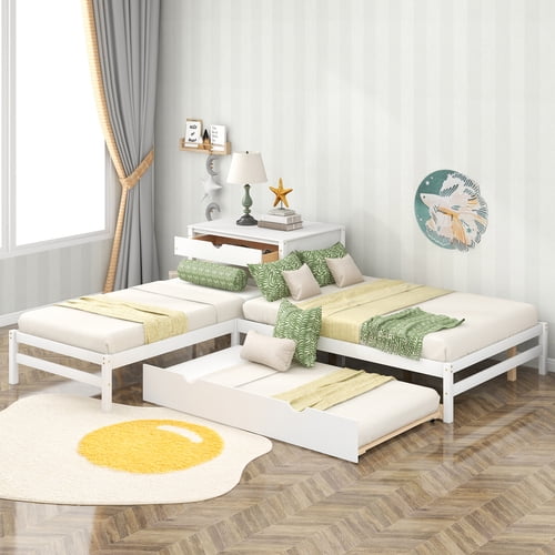 L-Shaped Platform Beds with Trundle and Storage Drawers,Wooden Twin ...