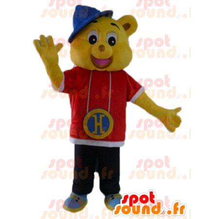 SPOTSOUND yellow bear mascot, dressed in rapper clothes, hip-hop ...