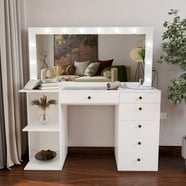 Ember Interiors Ibbie Pro Modern Lighted Vanity Table, White 11 Drawers ...