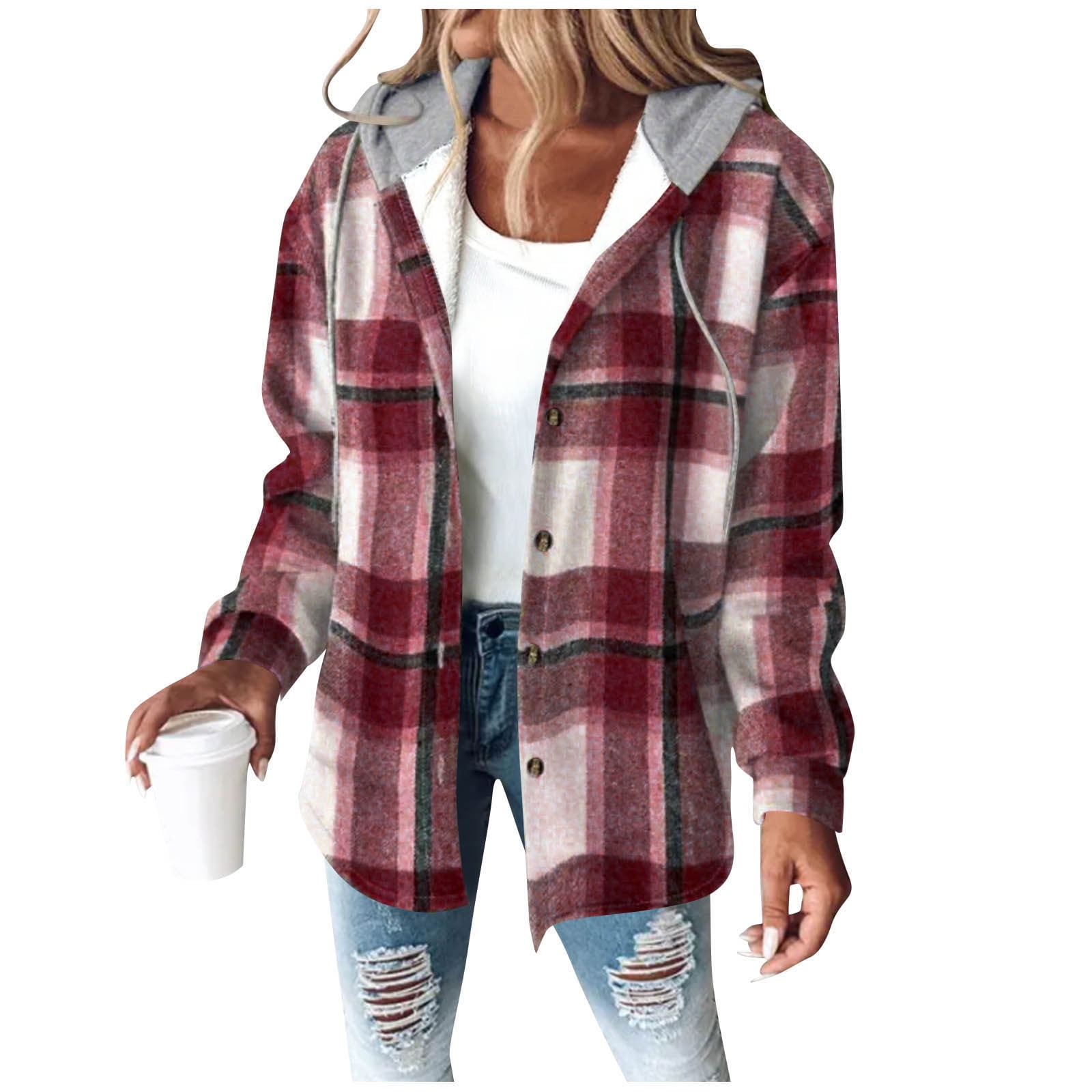 Click here for Aohooy Womens Plaid Hooded Shirts Button Down Long... prices