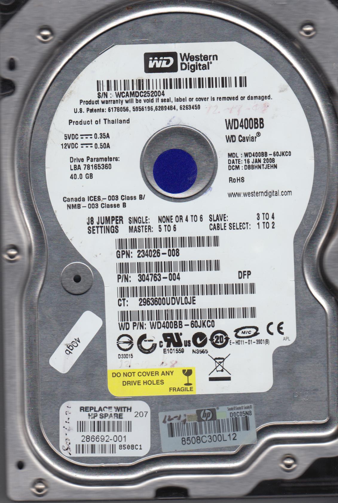 WD400BB-60JKC0, DCM DBBHNTJEHN, Western Digital 40GB IDE 3.5 Hard Drive ...