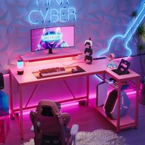 Bestier 52" Gaming Desk with LED Lights L Shaped Desk with Power Outlet ...