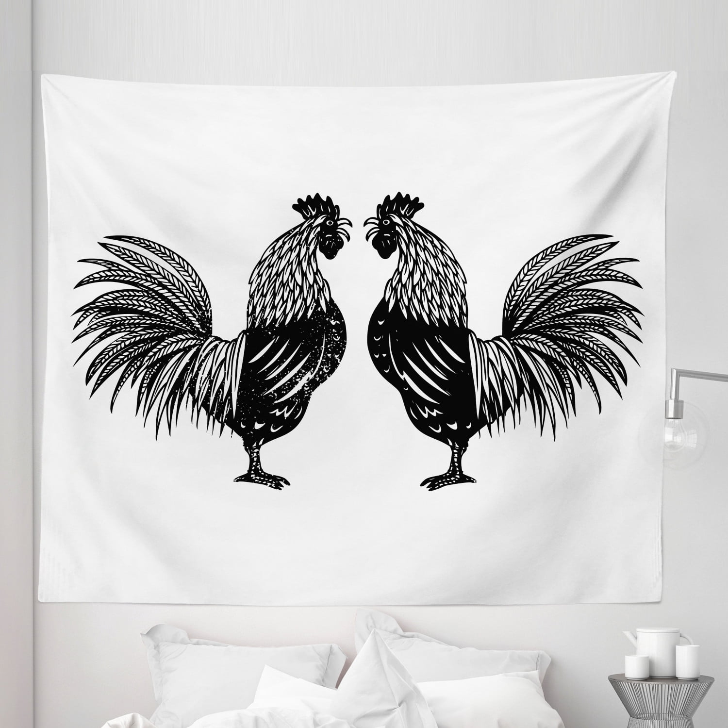 Rooster Tapestry, Monochrome Hand Drawn Look Outline Details Cockerels ...