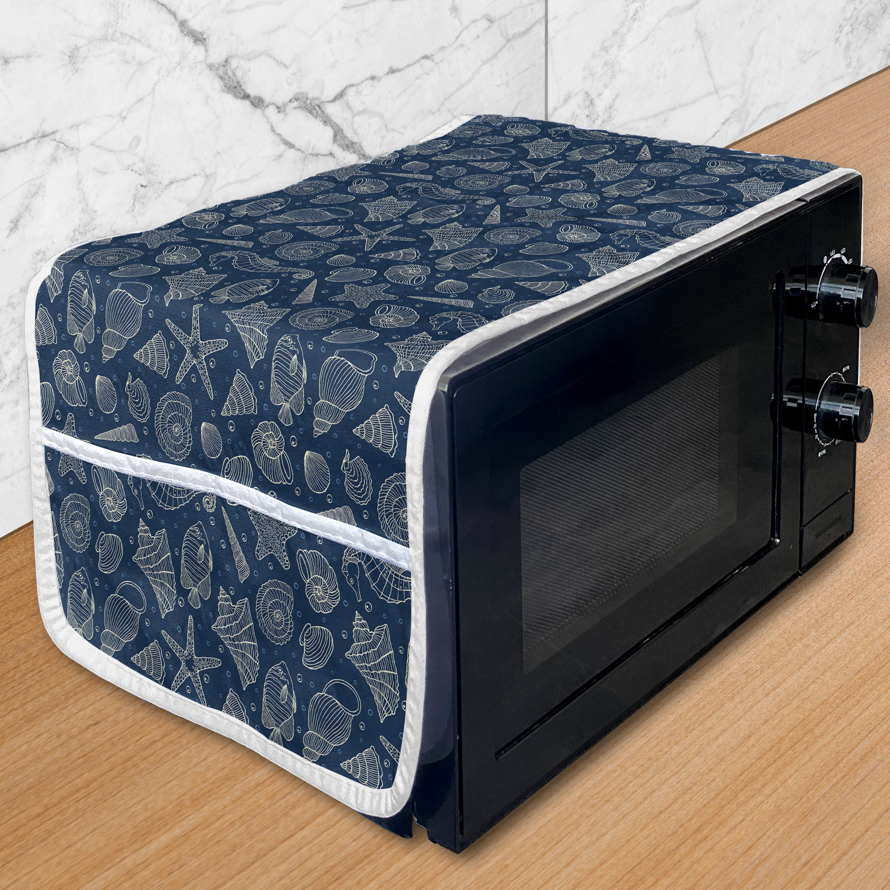 Sea Shells Microwave Oven Cover, Monochrome Marine Elements with Dotted ...