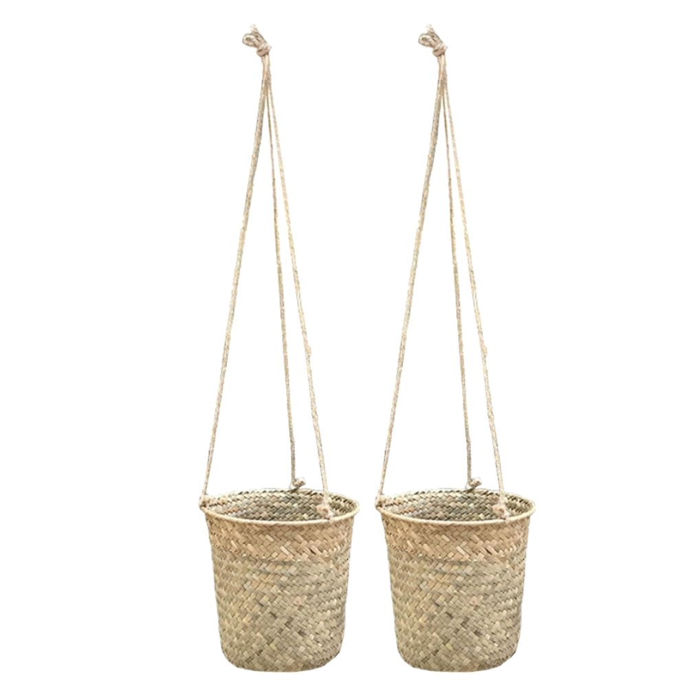 Flower Basket Hanging Woven Plant Wall Planter Rattan Pot Rope Weaving ...